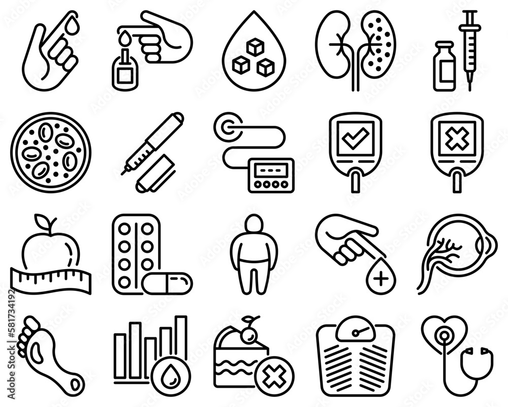 Diabetes thin line icons set: blood test, glucometer, glucose level ...