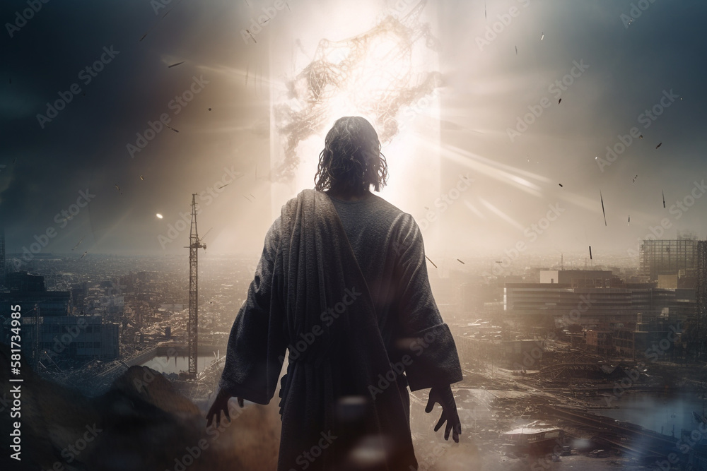 Jesus Christ looking at the world's development and destruction ...
