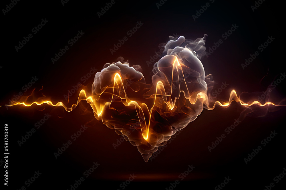 Heart EKG and heart rate line made of fire and smoke on black ...