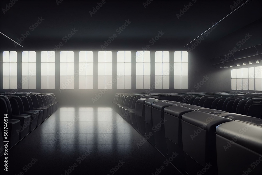 darkened aircraft interior with rows of seats and narrow aisle ...