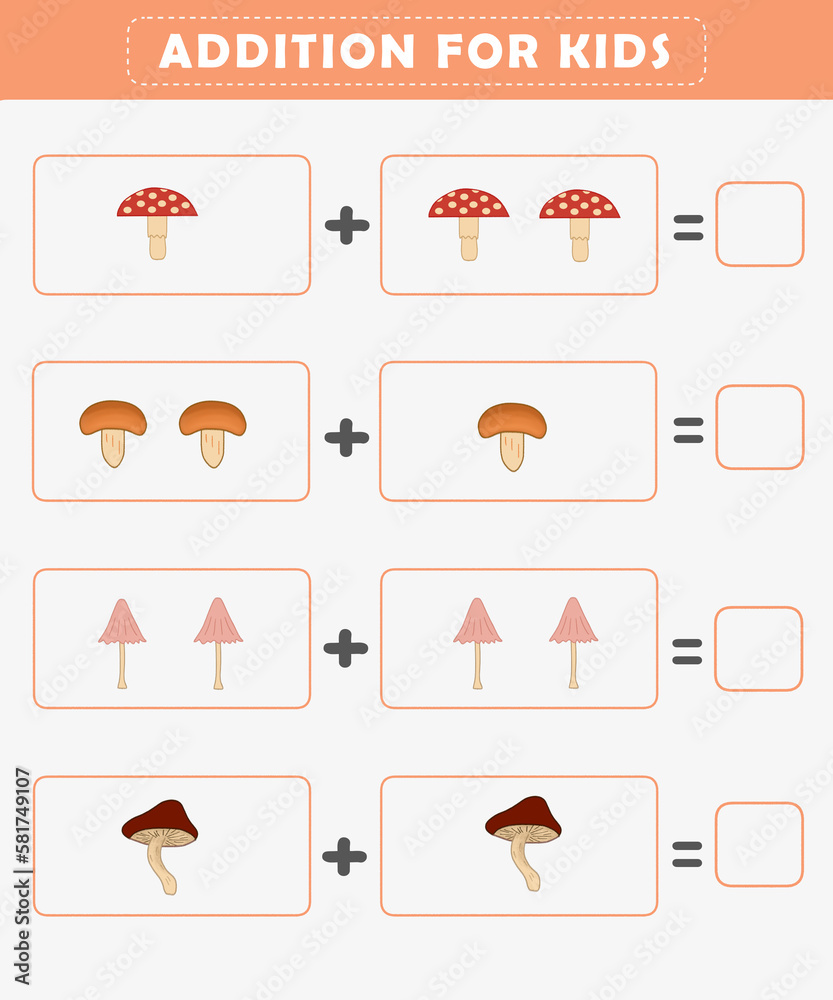 Preschool addition worksheet with cute mushroom illustration. Math ...