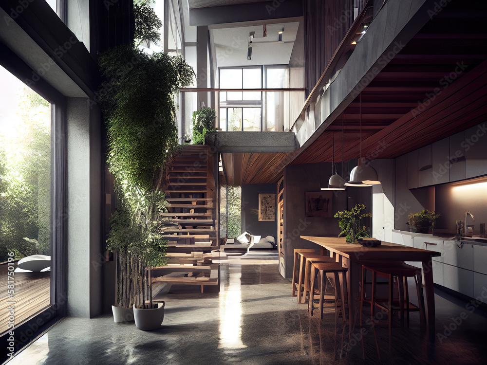 Modern barn house interior with soft sunset light coming from windows ...