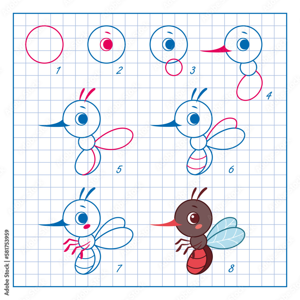 How to Draw Insect, Step by Step Lesson for Kids, Mosquito Cartoon ...