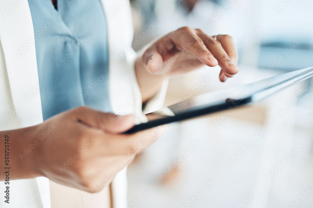 Tablet, search and hands of woman in office for networking, information ...