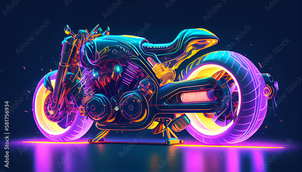 Futuristic cyberpunk high-tech electric motorcycle with metallic frame and neon lighting ...