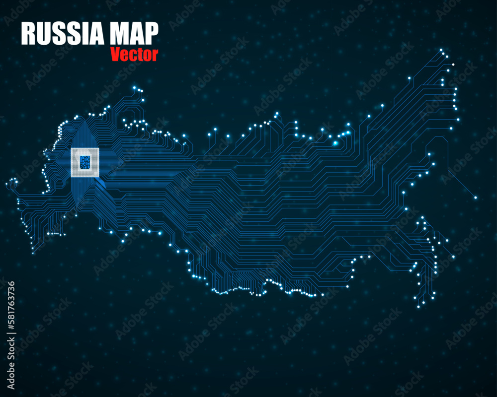 Russia map with cpu. Glowing circuit board. Neon technology background ...