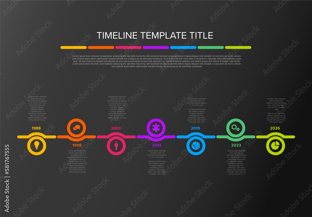 Seven circle steps simple timeline process infographic on dark ...