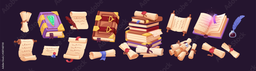 Old magic books, paper rolls with ribbon, scrolled pages, parchments ...