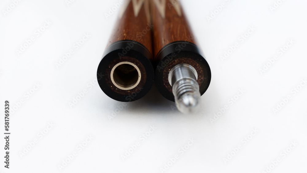 Billiard cues on a white background. Parts of a billiard cue close-up ...
