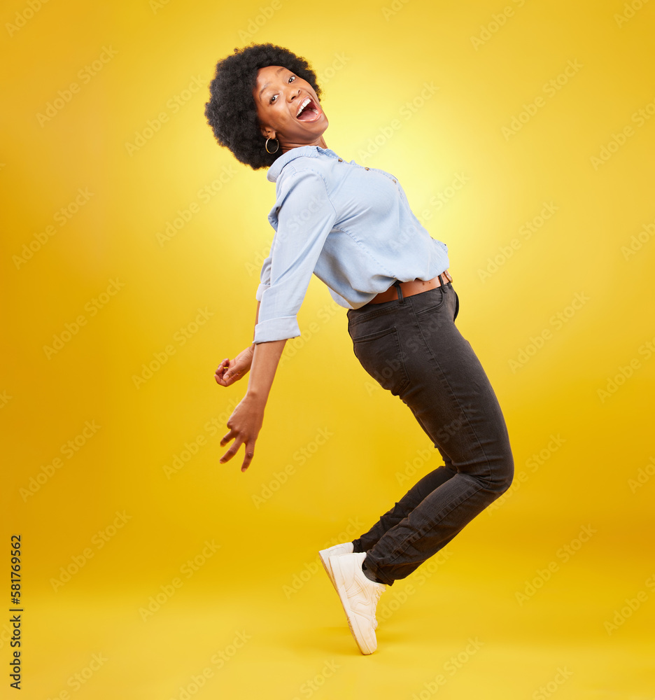 Wow, excited and happy black woman in dance pose on yellow background ...