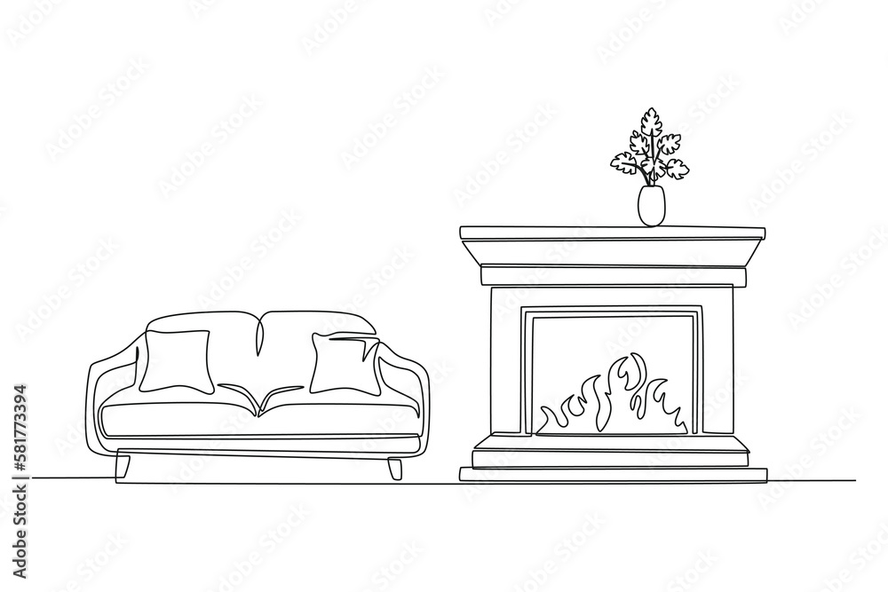 Continuous one-line drawing design long couch with a fireplace beside ...
