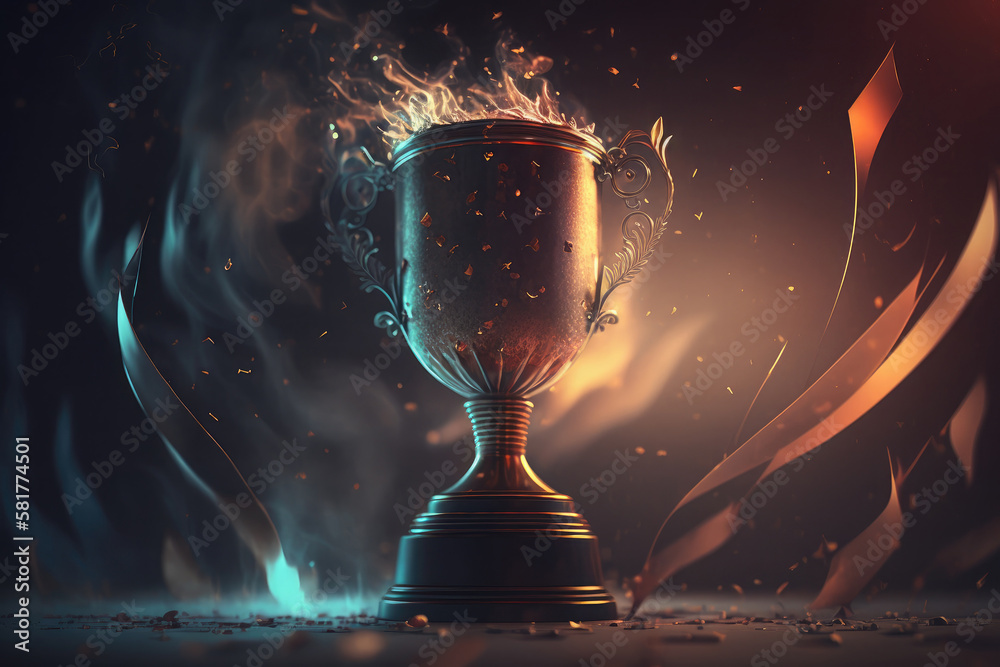 Golden champion trophy cup winner on blur bokeh dark lights background ...