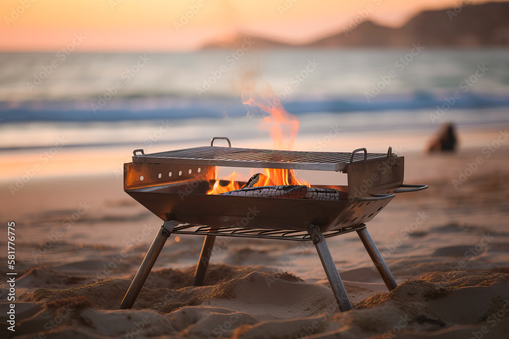 Barbecue grill with fire flames. Barbecue ready to use, empty. Sunset ...