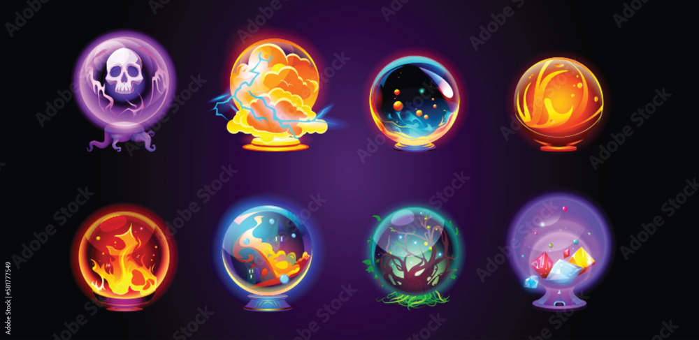 Magic crystal balls, energy orbs on stands. Game icons of fantasy ...