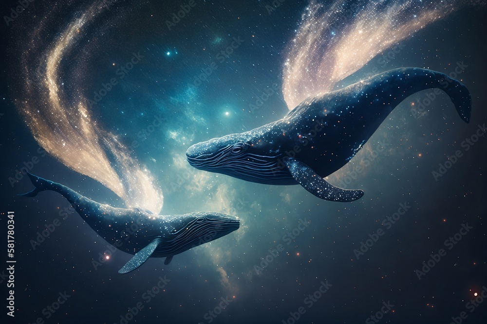 Whales floating through the Milky way, rich colours. Generative AI ...