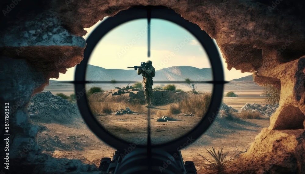 Photo & Art Print View through scope sniper rifle to military soldier ...
