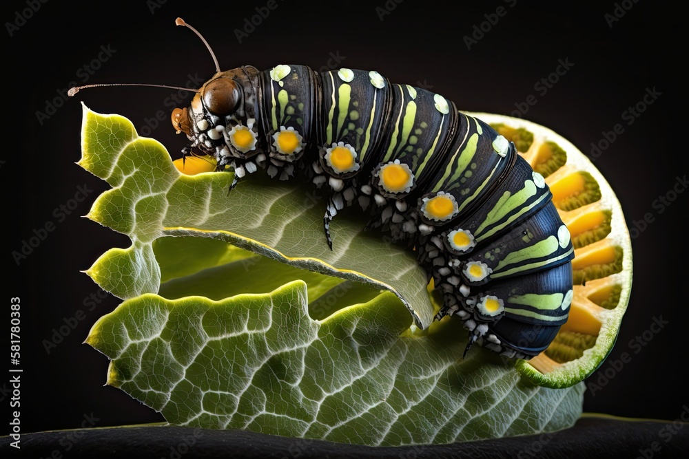 Larvae of the Great Mormon (Nagasaki Ageha) butterfly consuming yuzu ...