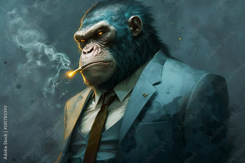 Monkey dressed in suit smoking cigarette and wearing tie and smoking ...