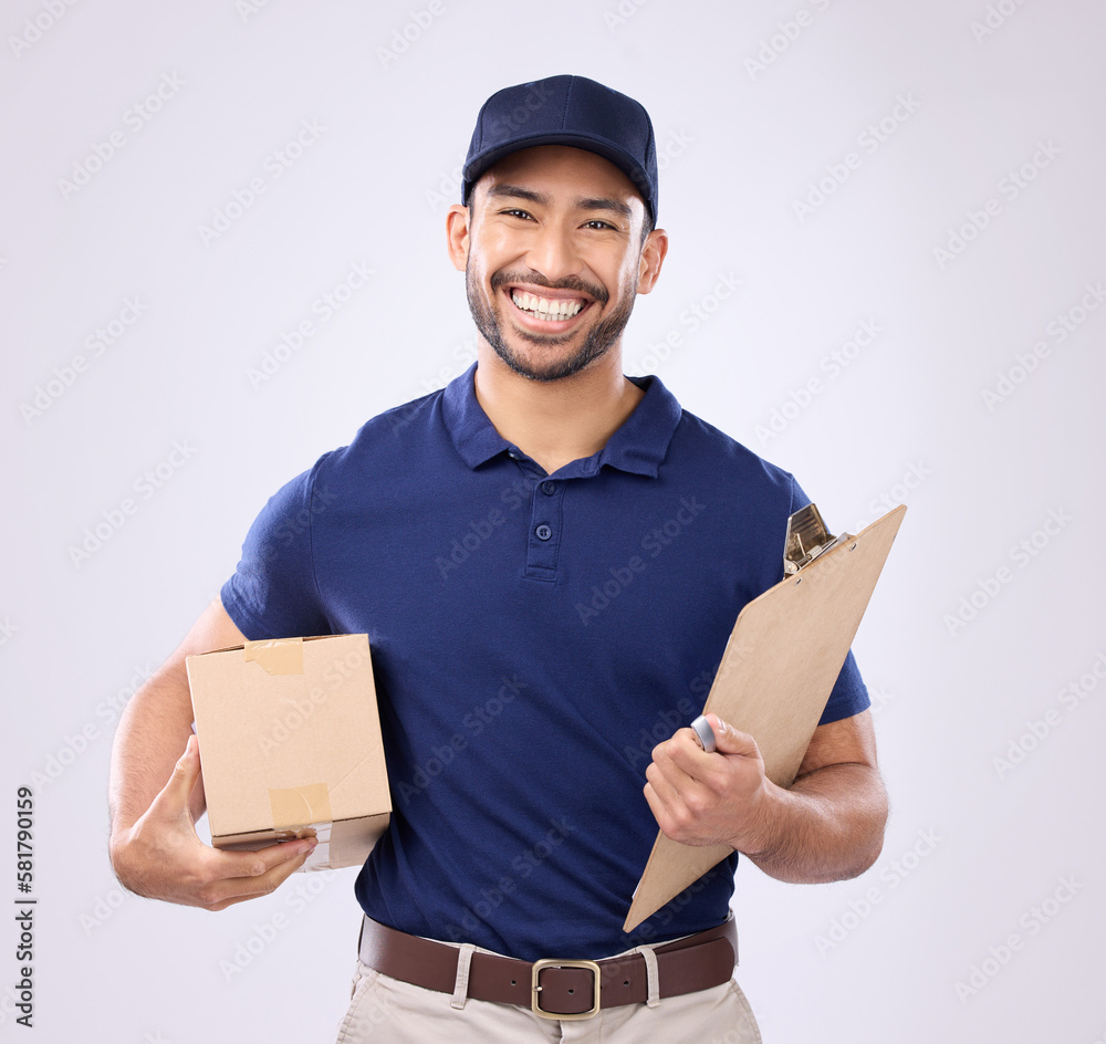 Portrait of delivery man isolated on studio background courier services ...