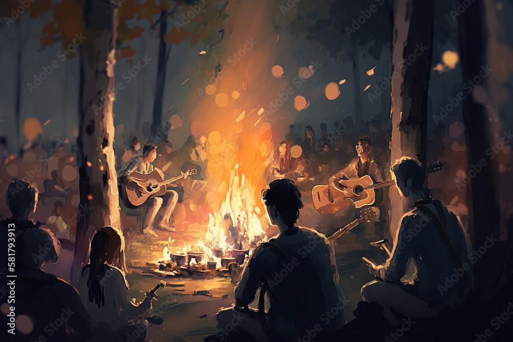 Generative Ai of a bonfire with blurred people having fun. Stock ...