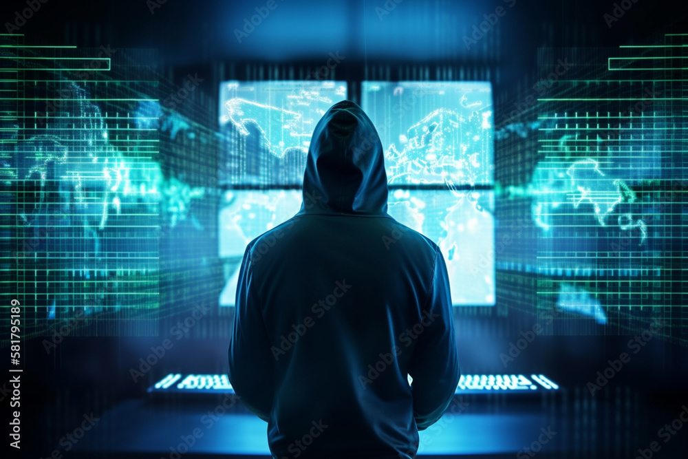 Illustration of threat actor attempted to launch a cyber attack. Anonymous hacker in data center ...