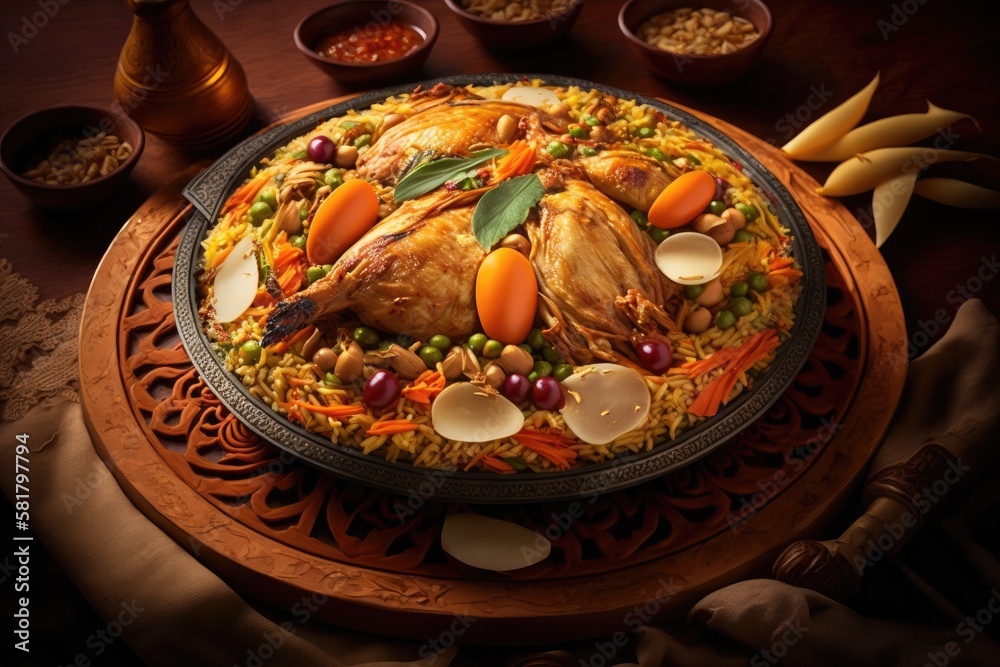 Kabsa, a dish of chicken, rice, and vegetables, as seen in Arabic ...