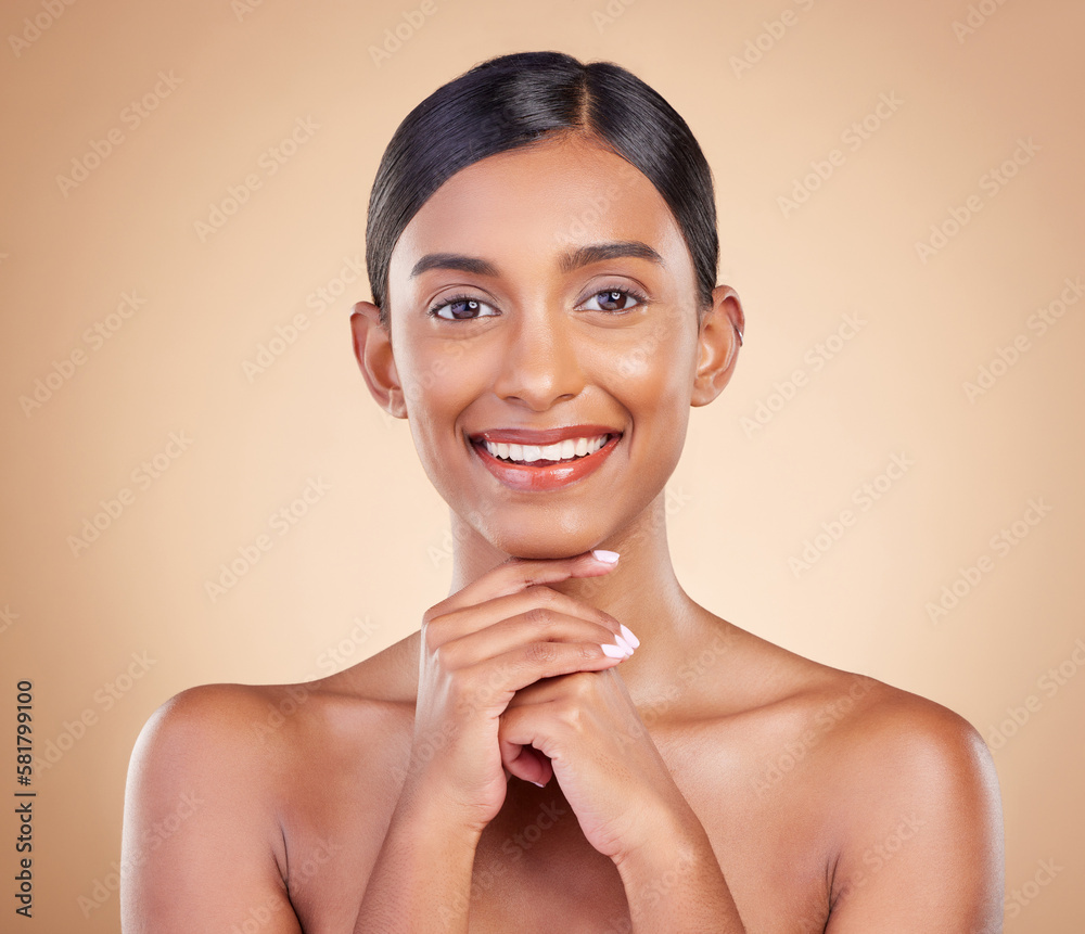 Indian model woman, studio and skincare for makeup, beauty treatment ...