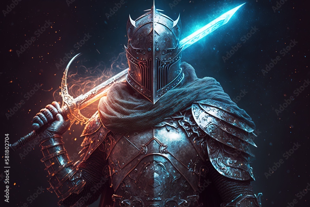 Computer-generated artwork depicting a medieval armed knight in armor ...
