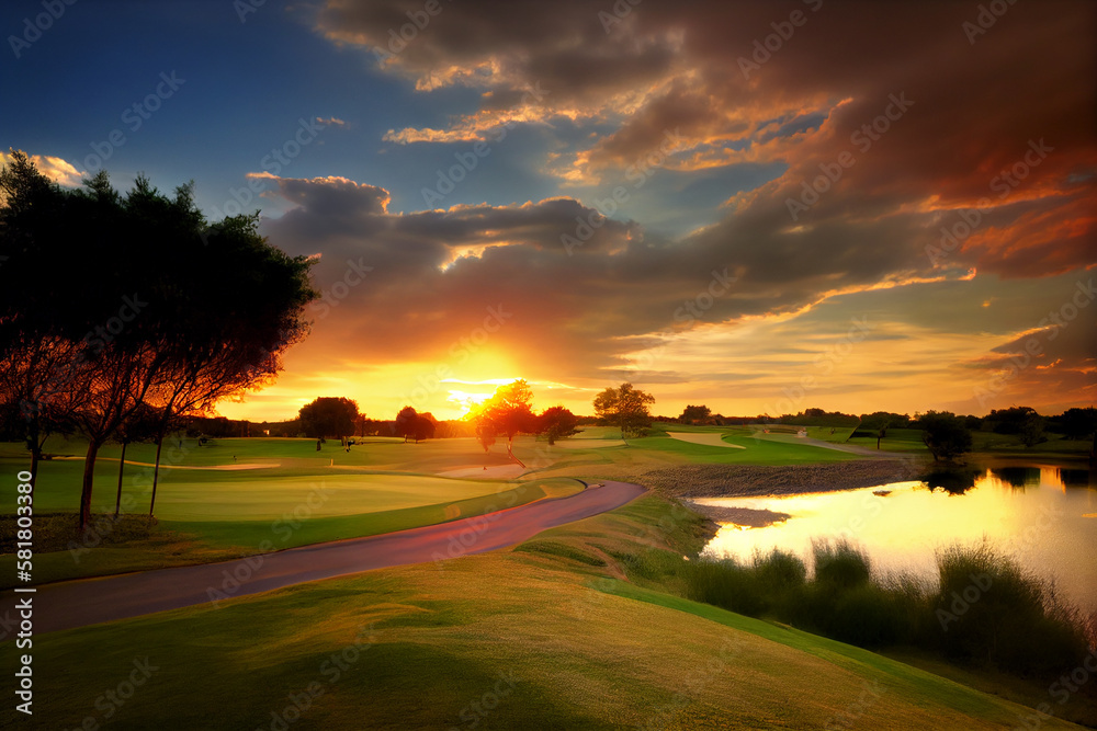 Soothing relaxation on the golf courses under the sunset sky. AI ...
