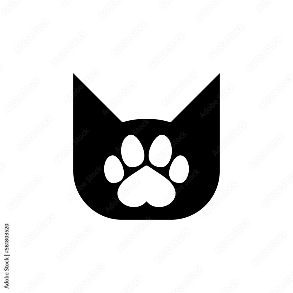 Cat head with paw print. Vector logo and icon. Black silhouette. Stock ...