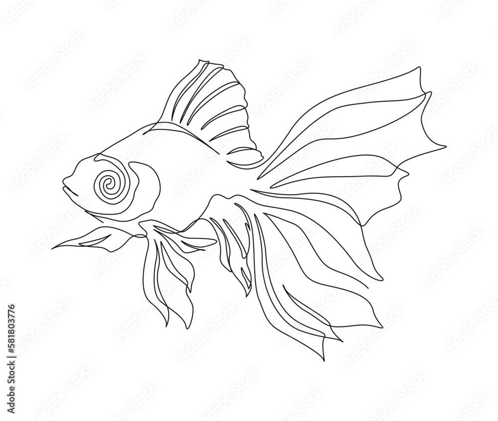 Continuous one line drawing of fish. Simple golden fish outline vector ...