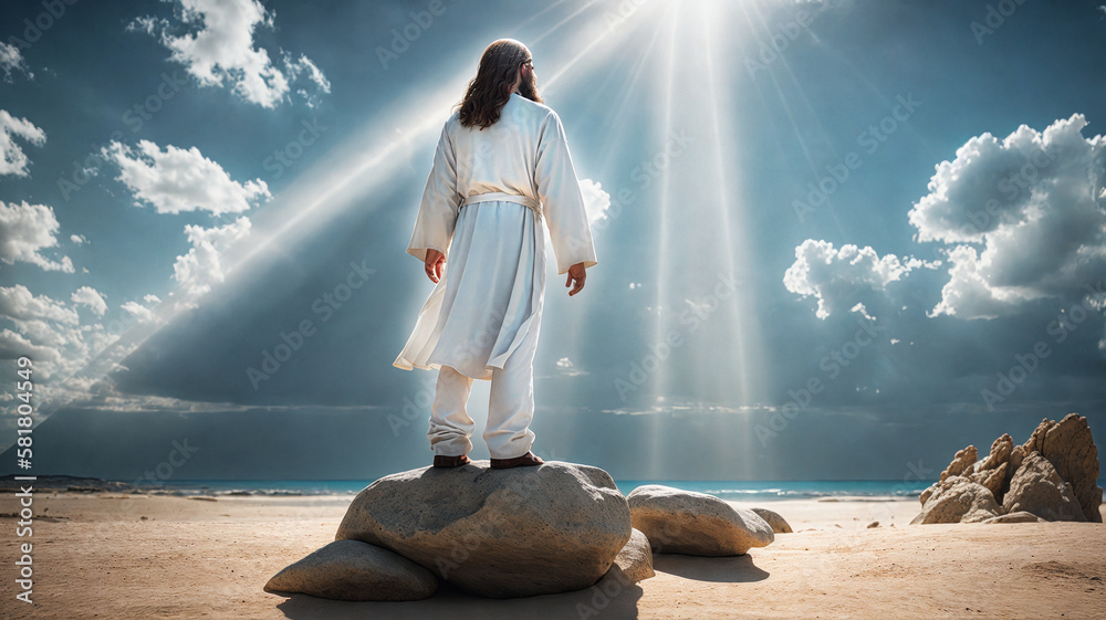back view of jesus christ in white clothes staying on rock at sand ...
