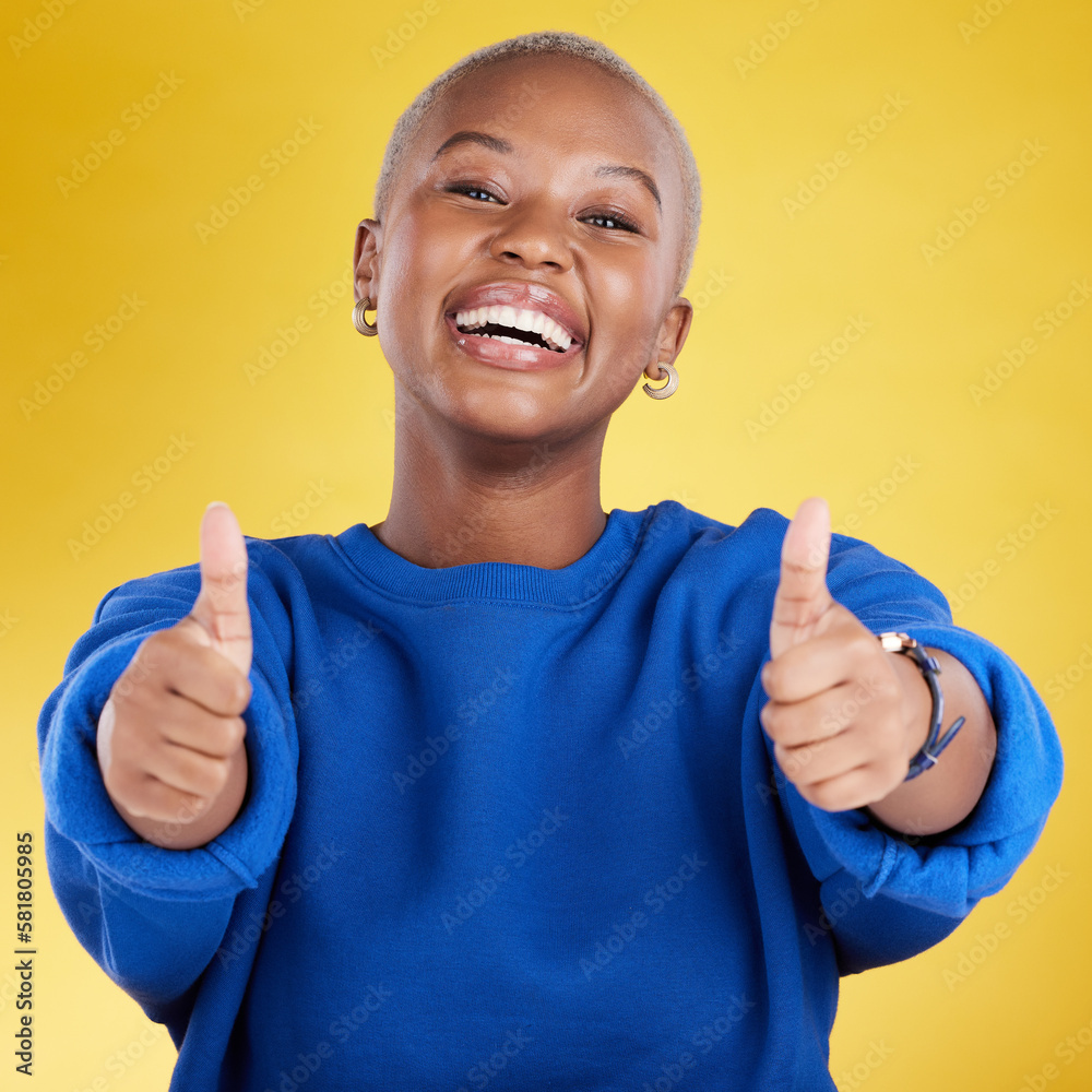 Laughing Portrait And Black Woman With Thumbs Up In Studio Isolated On laughing-portrait-and-black-woman-with-thumbs-up-in-studio-isolated-on