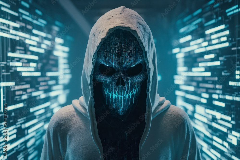AI ghost hacker neural network wears hooded cloak. Analyses your big data personal banking ...