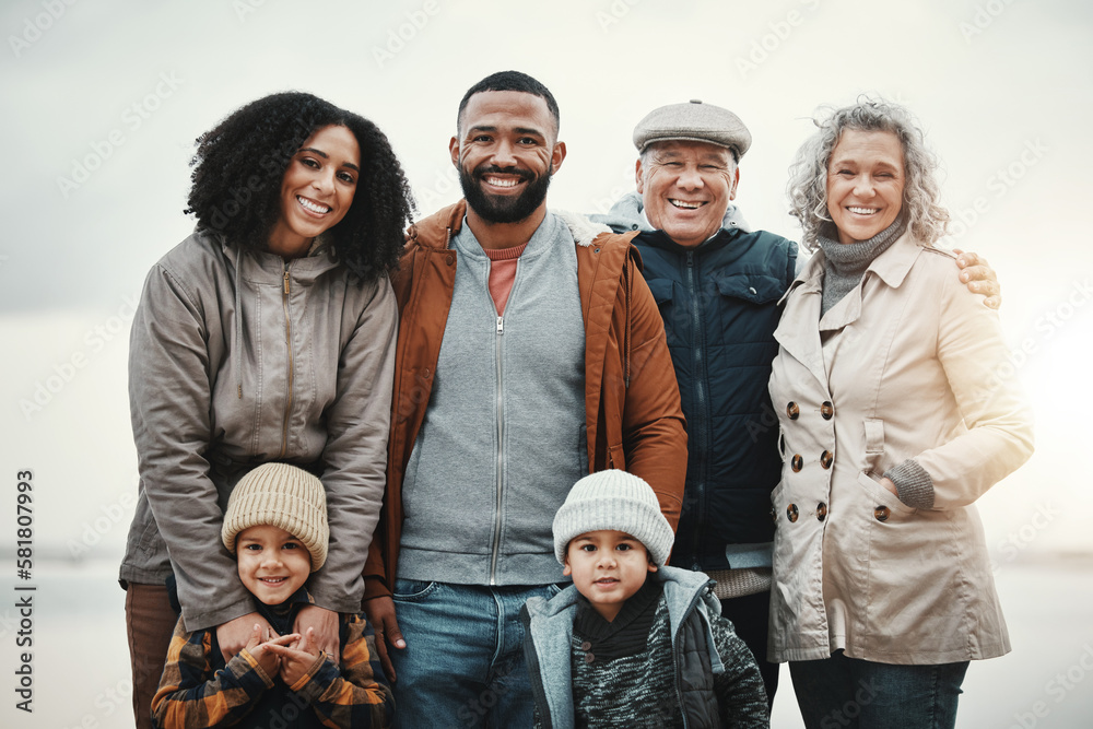 Portrait, happy and extended family or excited people bonding spending ...