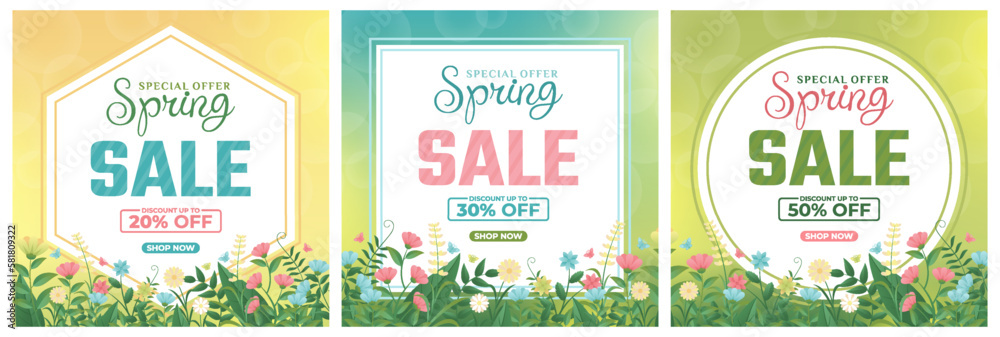 Spring 2023 Sale Background, set of abstract backgrounds with floral ...