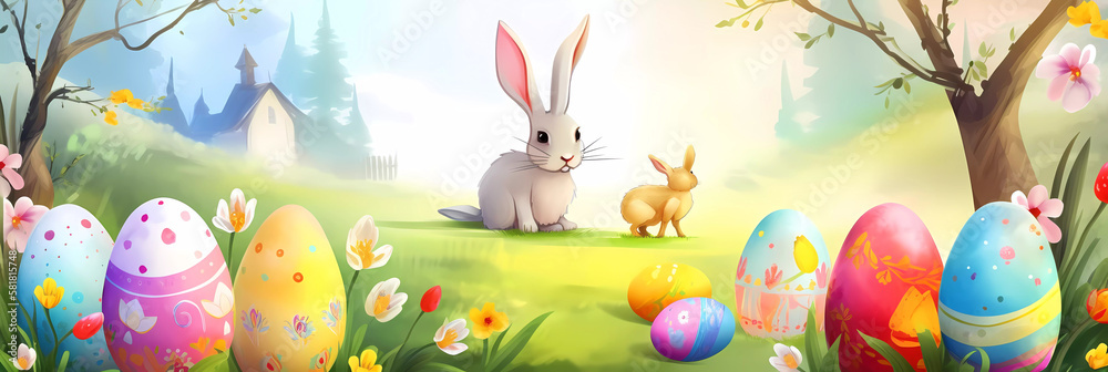 cute easter bunny with colorful easter eggs in a beautiful easter scene in widescreen format in ...