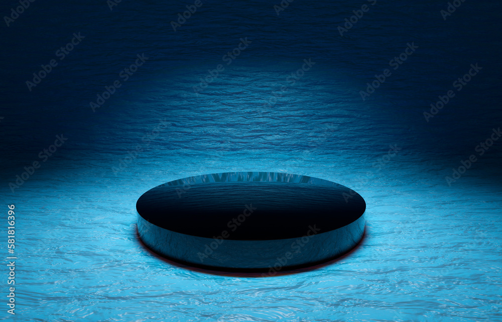 Black gloss circular podium or pedestal display on blue water ...