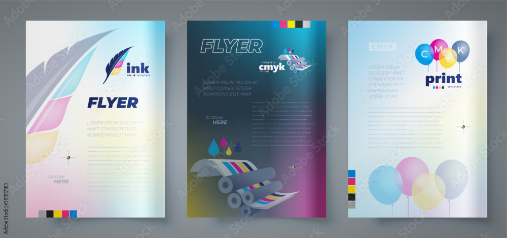 Flyer set cmyk polygraphy ink theme design template cover vector Stock ...