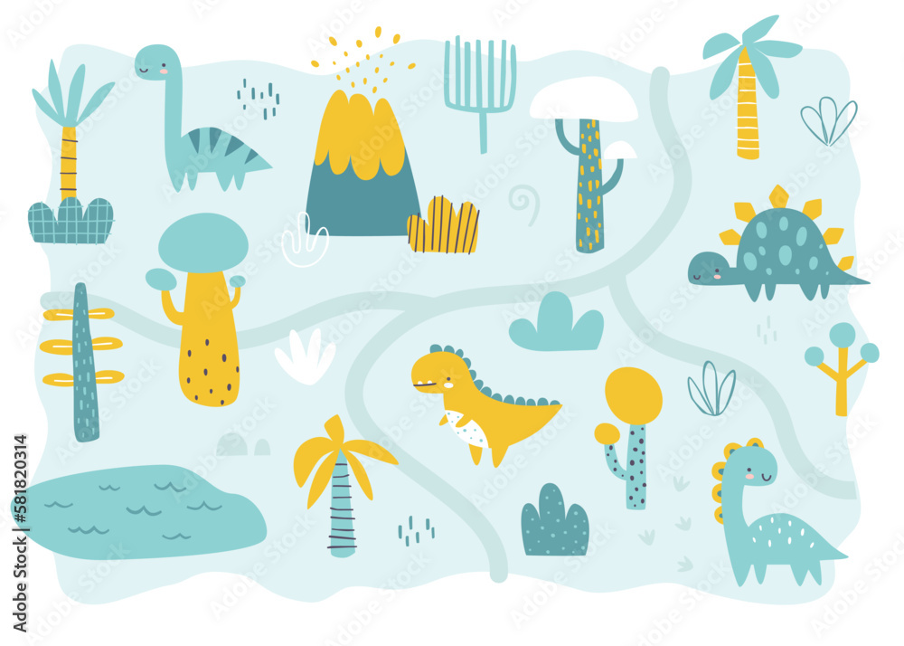 Jurassic landscape cute map for kids. Cartoon dino map print for boys ...