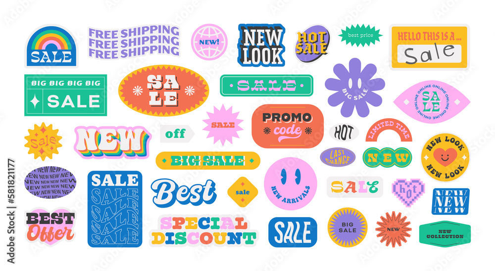 Colorful business sale sticker collection. Set of trendy retro 90s ...