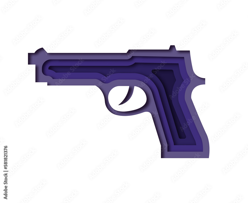 Fire arm pistol shape in 3D paper cut style. Layered papercut ...