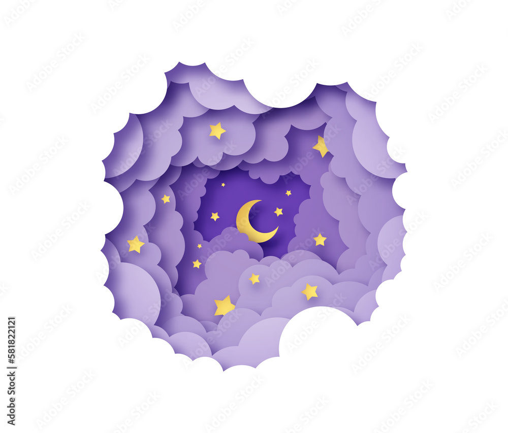 Realistic 3d papercut night sky view on isolated white background ...
