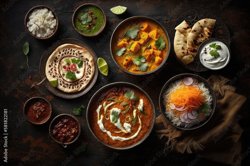 Various indian food bowls with curry, yogurt ,rice,bread , chicken ...