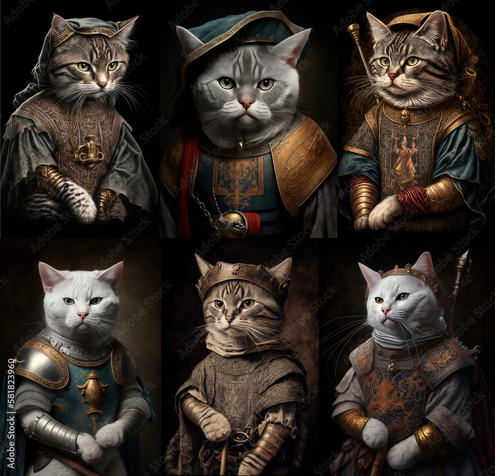 Cats in medieval costumes set of illustrations, created with Generative ...