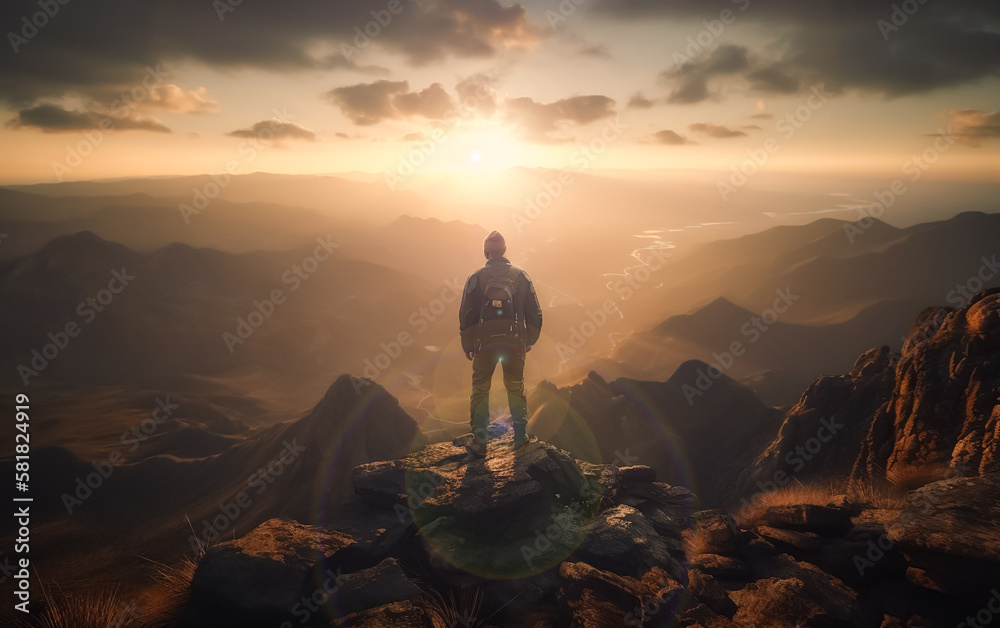 Man standing on the Top of a Mountain looking at a beautiful Sunset ...