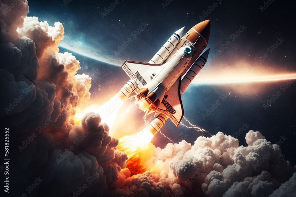 Space shuttle rocket launch in clouds with stars in outer space ...