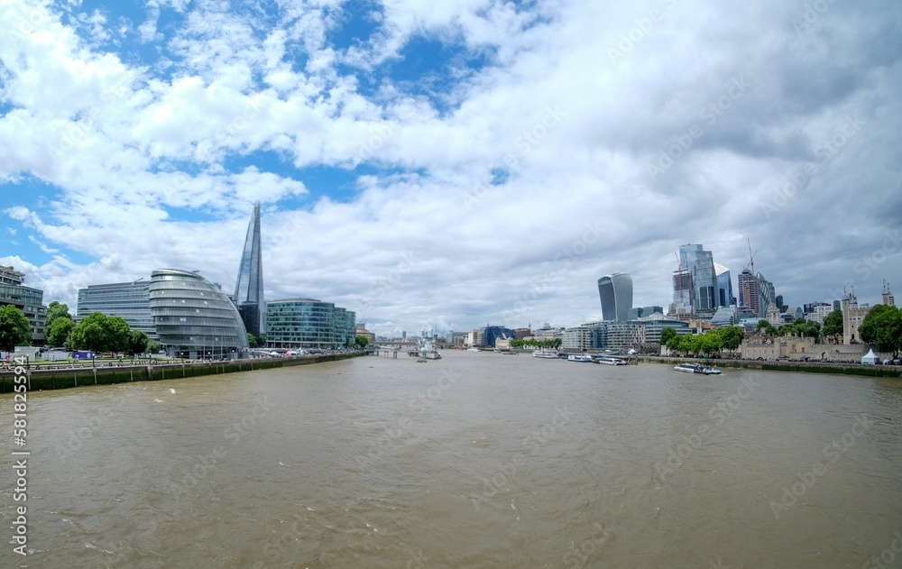 Beautiful view of the Thames from Tower Bridge with the Shard and City ...