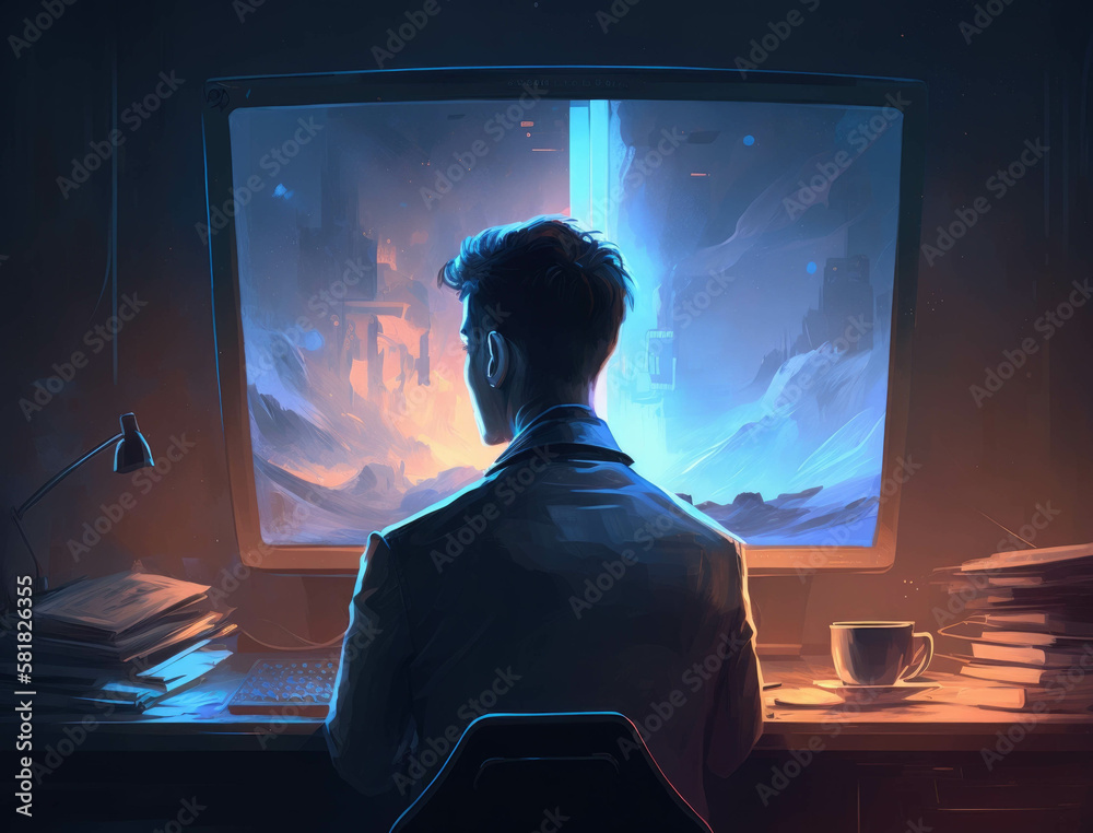 A man at a desk looking up at a large computer screen with a small ...