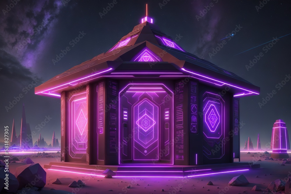pentagonal indigenous temple kiosk with purple neon beams in outer ...